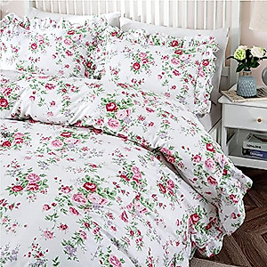 ZJZC Art Ruffle Duvet Cover Set Queen, 100% Cotton Pink Rose Floral Duvet Cover Cottage French Countryside Vintage Shabby and Chic 3 Pieces with Pillow Shams (Rose, Queen)