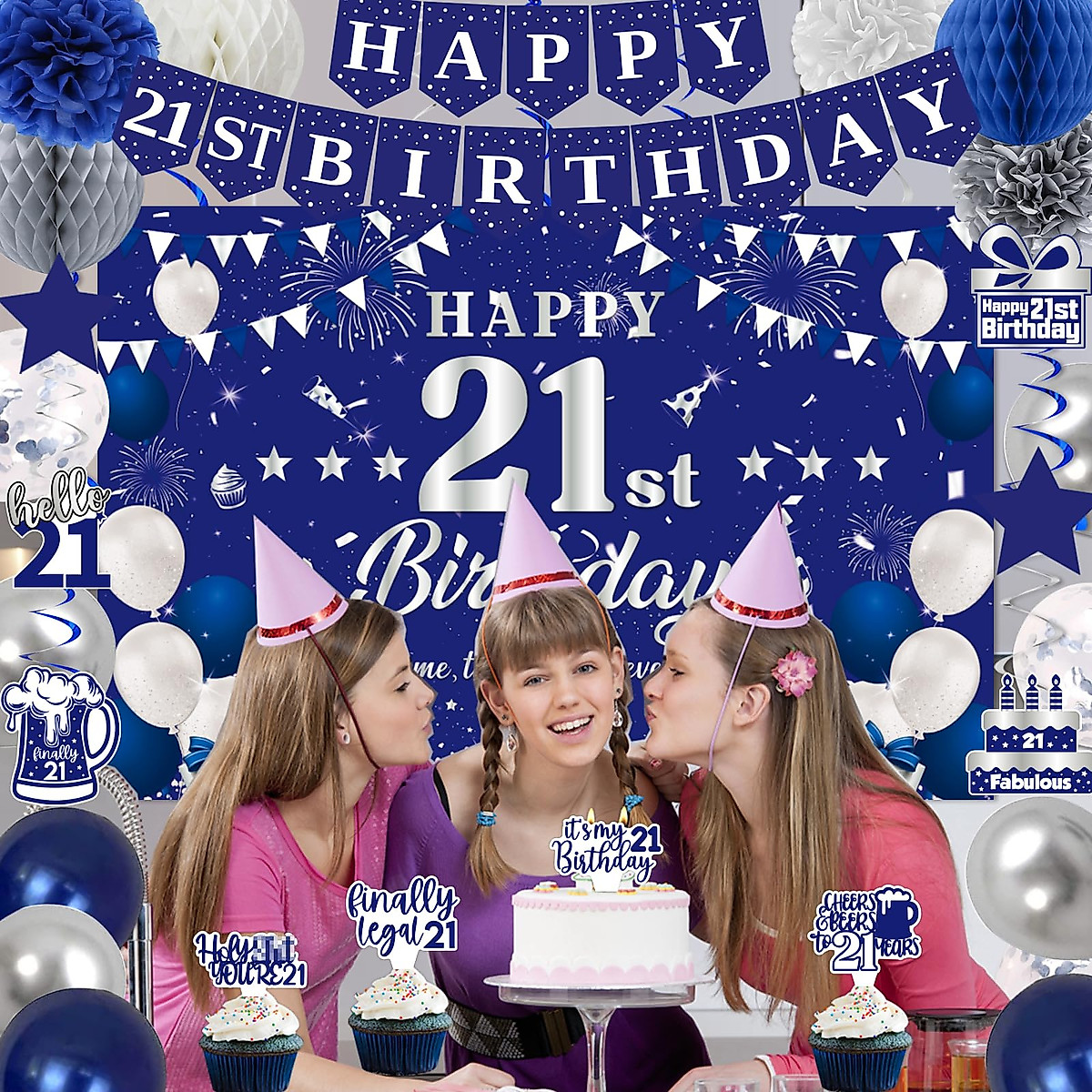 21st Birthday Decorations for Boys Girls, Blue Silver Happy 21st Birthday Party Decorations, Happy 21st Birthday Backdrop, Banner, Balloons, Hanging Swirls, Birthday Cards, Cake Toppers, Pompoms 54pcs