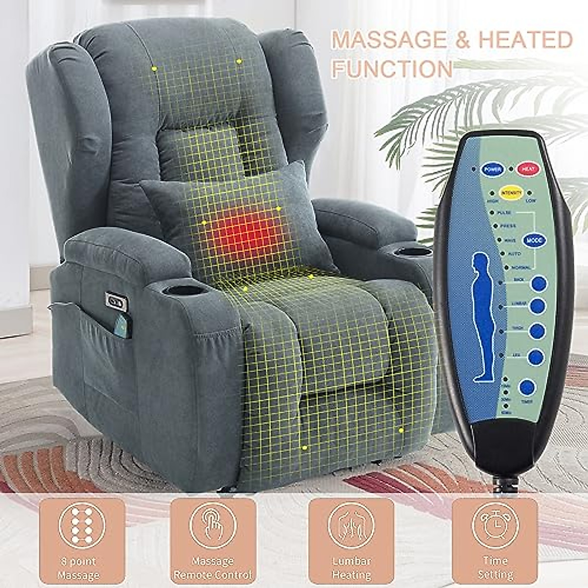 IPKIG Power Recliner Chair with Massage and Heat, Electric Wingback Recliner for Adults with Lumbar Pillow/USB Port/Side Pockets/Cup Holders/Linen Fabric, Home Theater Seating (Blue)