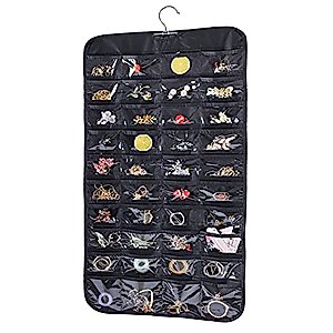 Hanging Jewelry Organizer, Double Sided 80 Pocket Jewelry Chain Storage Bag 2 Layer of Fabric Jewelry Organizer Holder for Necklace Bracelet Earring Ring Chain Knitting Tool-Black