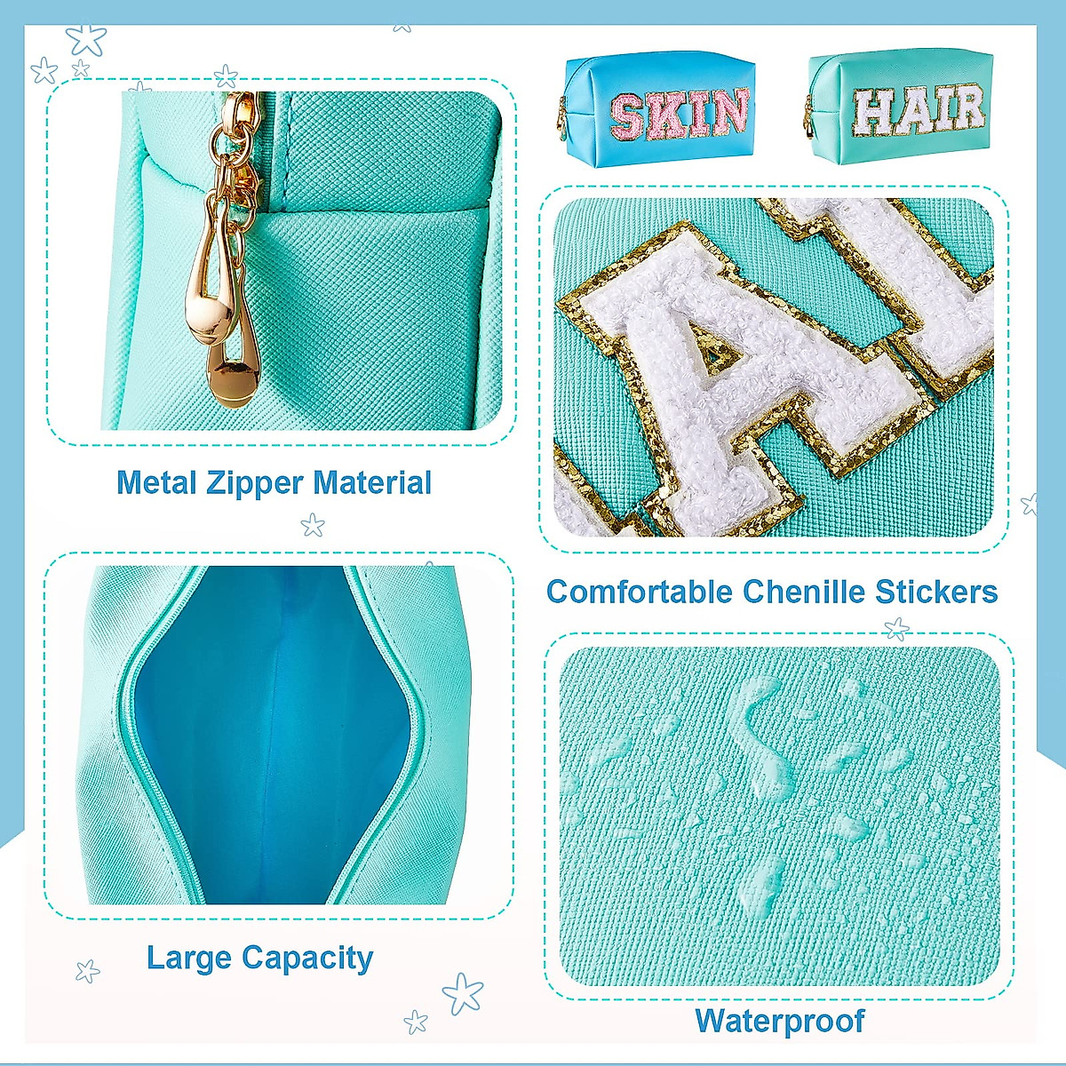 Patelai 2 Pcs Preppy Makeup Bags Chenille Letter Patch Bag Face Skin Hair Stuff Aesthetic Cosmetic Bag Travel Zipper Pouch Makeup Organizer Graduation Gift for Girls(Green, Blue, Hair, Skin)