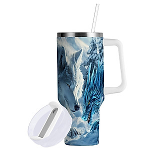 ODAWA Wolf Dragon White Tumbler Cup Reusable Tumbler with Straw Ice Coffee Cups