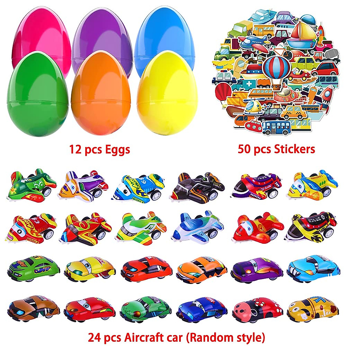 JOICEE Easter Eggs Pre Filled with Pull Back Ca0rs Planes, Plastic Easter Eggs with 24pcs Cars and Airplane Toys and Fun Tattoos for Easter Party Favors Classroom Activity Gifts for Boys