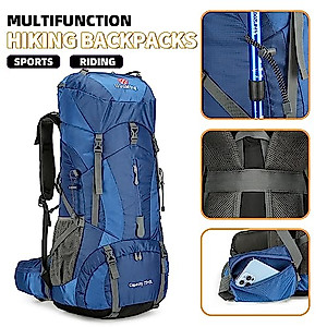 ZCSQIUO 75L Hiking Backpack for Men Women Daypack Backpack Outdoor Waterproof Camping Backpack with Rain Cover (Navy Blue)