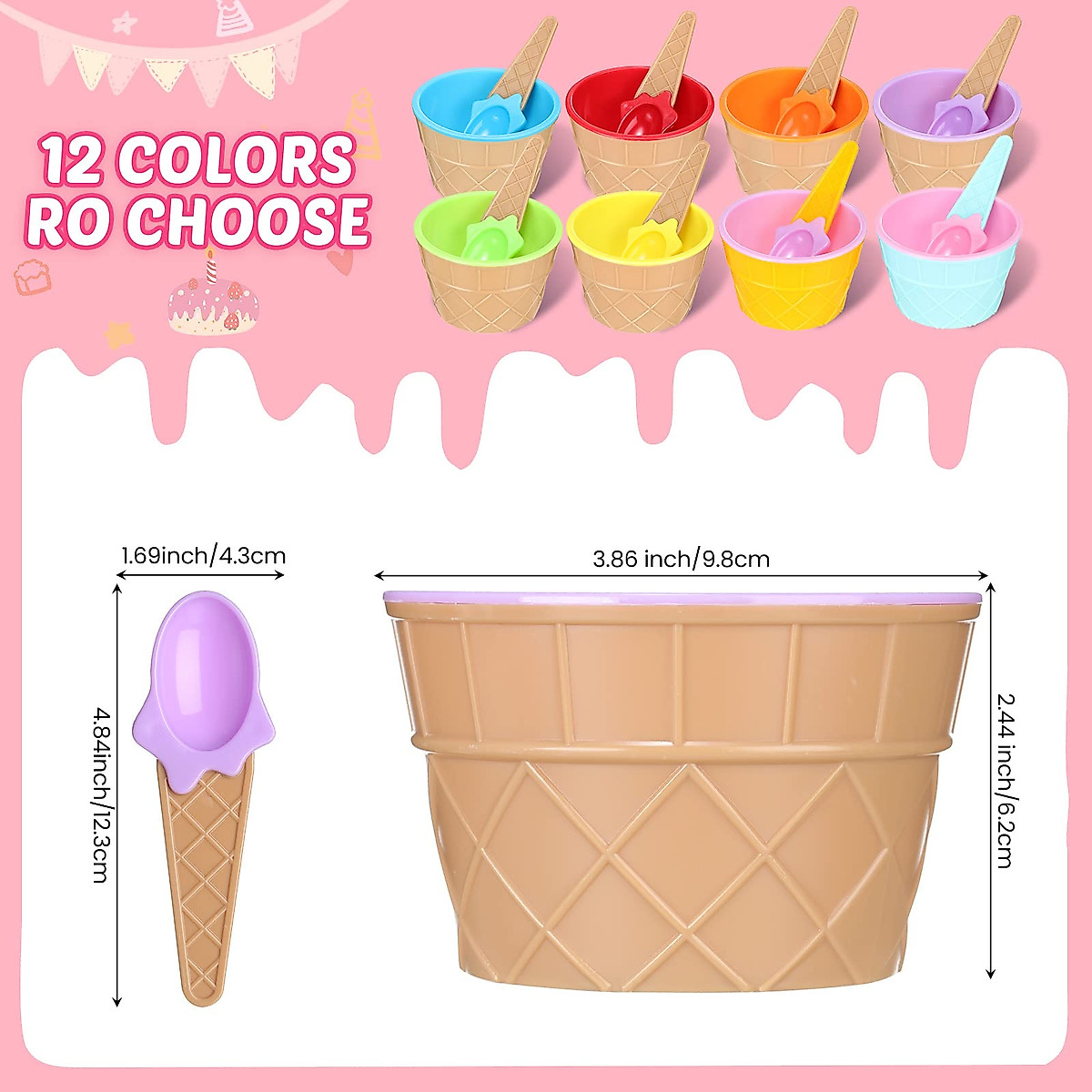 Didaey 60 Pack Ice Cream Bowls Spoons Set Plastic Ice Cream Cups Cartoon Candy Color Ice Cream Bowls Kit Dessert Sundae Frozen Yogurt Bowls for Kids DIY Baking Summer Holiday Birthday Party Supplies