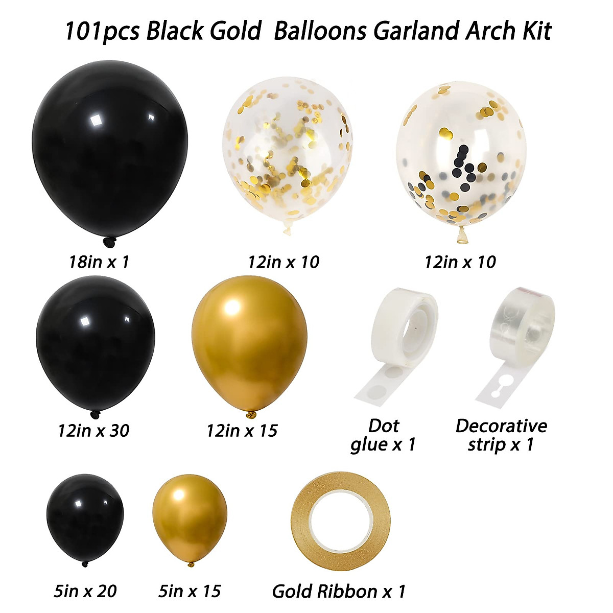 RUBFAC 101pcs Black and Gold Balloon Garland Arch Kit with Confetti Balloons for Graduation Birthday Party Decorations