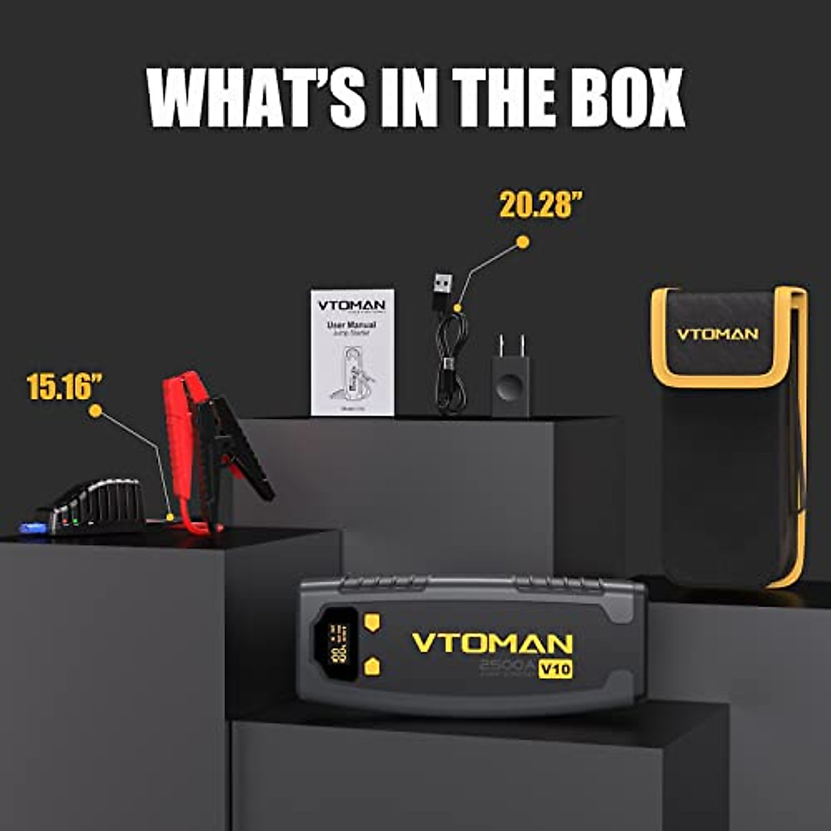 VTOMAN V10 Jump Starter, 2500A for 9L Gas and 7L Diesel Engine with PD30W Two-Way Quick Charge, Car Battey Charger Jump Box Portable, 12V Auto Battery Booster Power Pack with Jumper Cable WorkLight