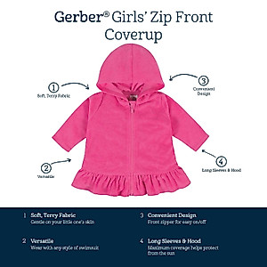 Gerber Girls' Toddler Zipper Hoodie Terry Swimsuit Cover Up, Pink, 3T
