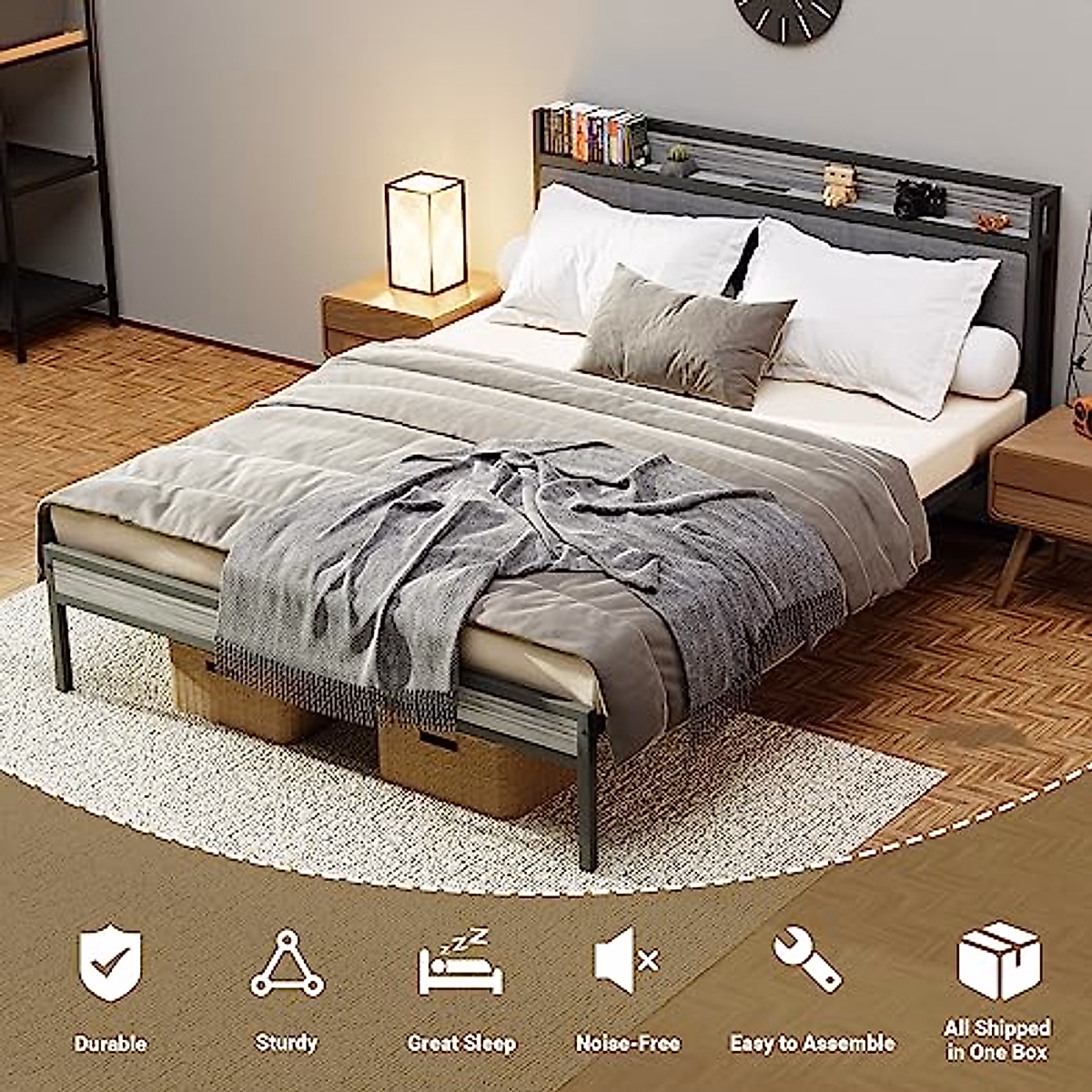Zevemomo Queen Bed Frame, Queen Size Metal Platform Bed Frame with 2-Tier Storage Upholstered Headboard and Power Outlets, USB Ports Charging Station/No Box Spring Needed/Noise-Free/Easy Assembly