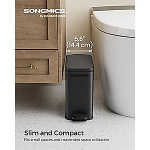 SONGMICS Bathroom Trash Can, 1.3 Gallon (5 L) Small Trash Bin with Lid, Slim for Small Spaces, Stainless Steel Garbage Can, Soft Close, Black ULTB560B05