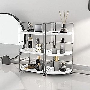 Sekepingo 3-Tier Corner Bathroom Counter Shelf Stackable Perfume Storage Holder Makeup Countertop Organizer Standing Vanity Tray Kitchen Spice Rack,White and Silver