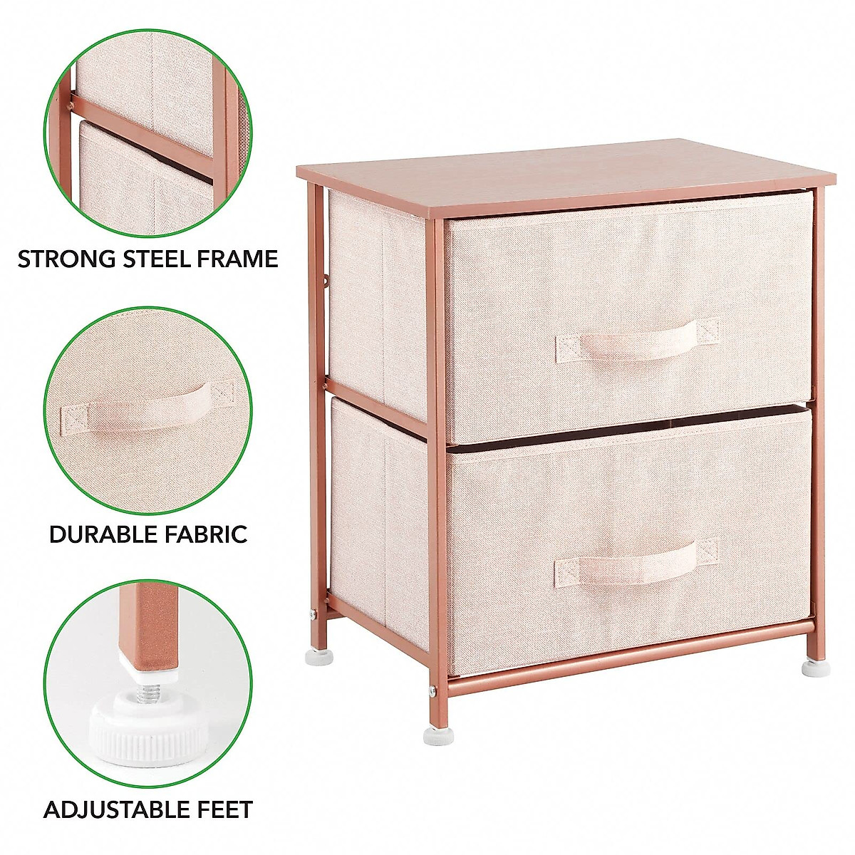 mDesign Small Storage Dresser End/Side Table Night Stand with 2 Removable Fabric Drawers - Organizer for Bedroom, Living Room, Closet - Hold Clothes, Accessories, Lido Collection, Light Pink/Rose Gold