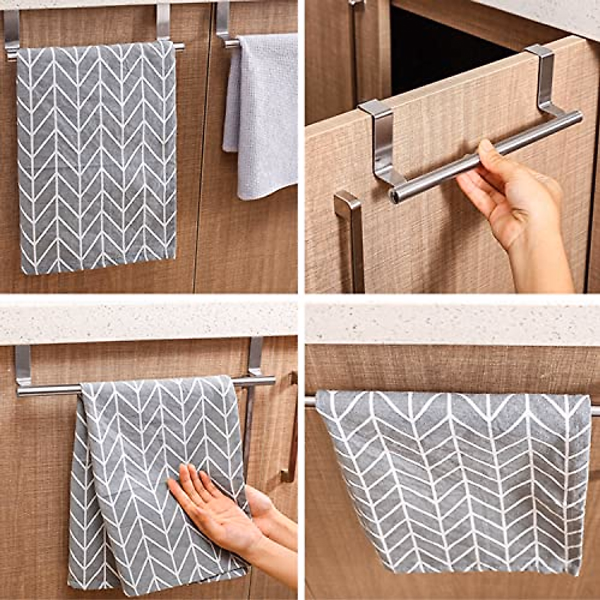 Stainless Steel Kitchen Towel Holder, Cupboard Door Towel Rack Bar Holders for Kitchen Cabinet Towel Rag Rack Over Door Towel Bar Hanger, Silver (9 inch)