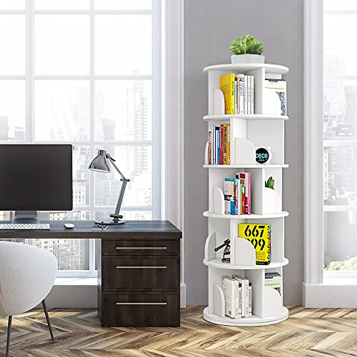 Nisorpa 5 Tier Rotating Bookshelf, 360° Revolving Bookcase Rotating Stackable Shelves Floor-Standing Storage Display Rack Used in Bedrooms Living Rooms Study Office (63"x18"x18")