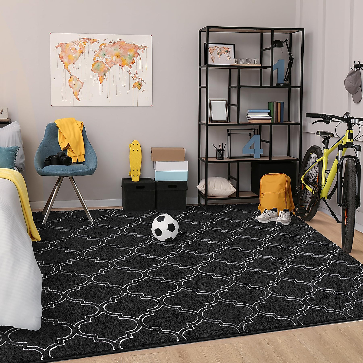 Chicrug Shag Geometric 4x6 Area Rug for Living Room, Large Modern Memory Foam Indoor Carpet, Fluffy Rug for Bedroom Bedside Room Decor for Family Girls Kids Nursery, Black/White