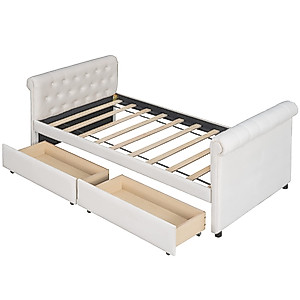 Jintop Twin Size Velvet Upholstered Daybed with Trundle and Two Armrests,Storage Wonden Bed Frame,W/Drawer,Wood Slat Support,for Apartment,Bedroom,Living Room,No Box Spring Needed,Beige