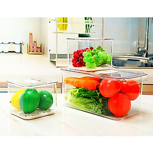 REFSAVER Fridge Storage Containers Produce Saver Stackable Refrigerator Organizer Bins with Removable Drain Tray Fridge Organizer for Fruits and Vegetables 3 Pack