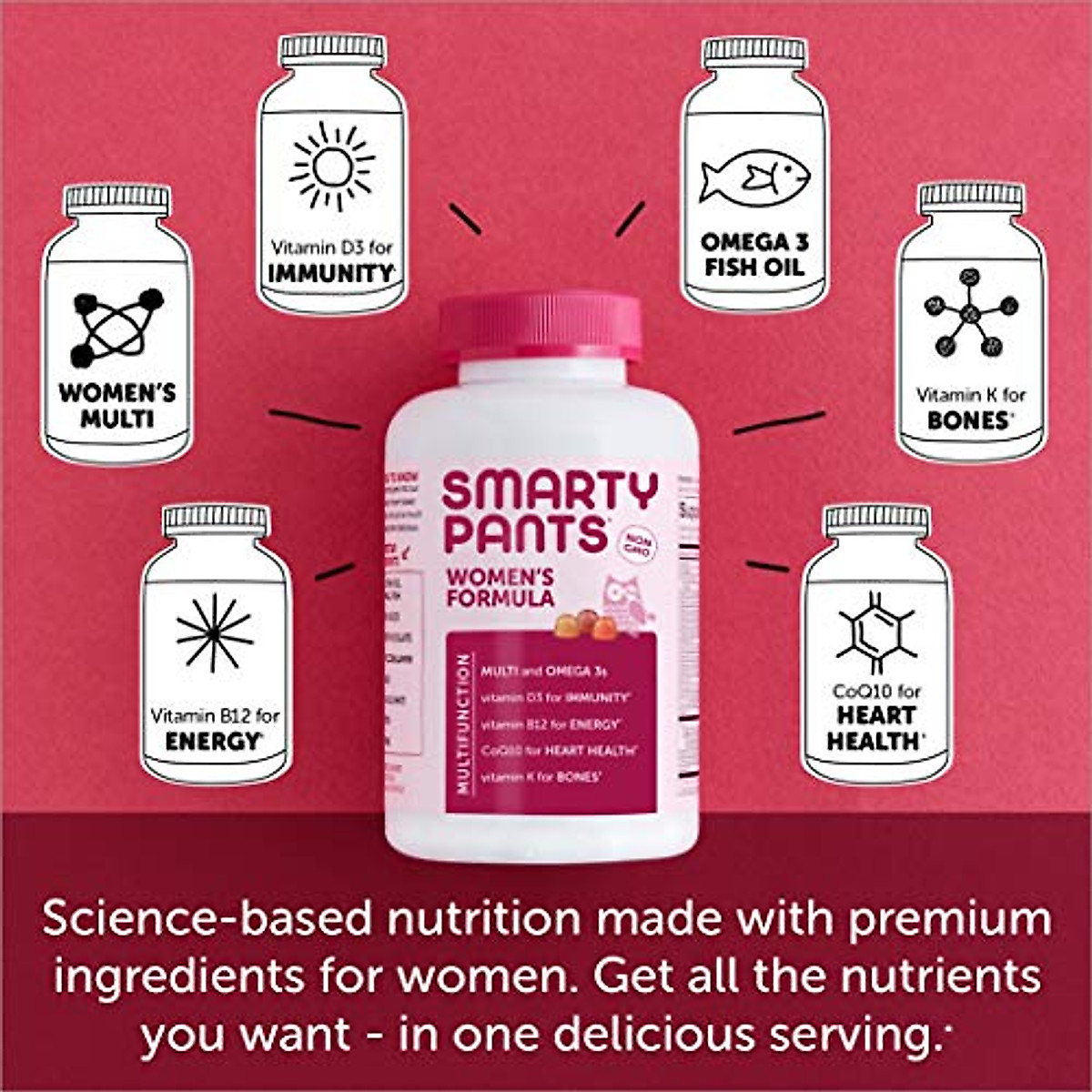 SmartyPants Women's Formula Gummy Vitamins: Gluten Free, Multivitamin, CoQ10, Folate (Methylfolate), Vitamin K2, Vitamin D3, Biotin, B12, Omega 3 DHA/EPA Fish Oil, 180 count (30 Day Supply)