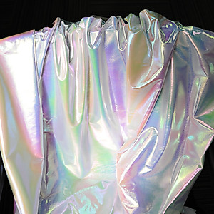URROMA Metallic Foil Stretch Fabric, White Iridescent Hologram Fabric Sewing Fabric for DIY Laser Gradient Fabric Foil Spandex Fabric for Costume Background