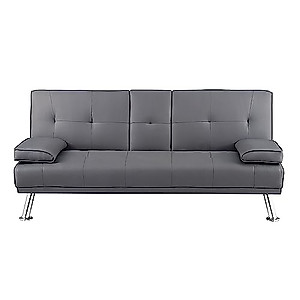 Space-Saving Design: Convertible Futon Sofa Bed, Versatile Comfort - Sturdy Build Modern Faux Leather Futon Couch - Low-Maintenance Upholstery - Customizable Positions - Easy Assembly - Gray