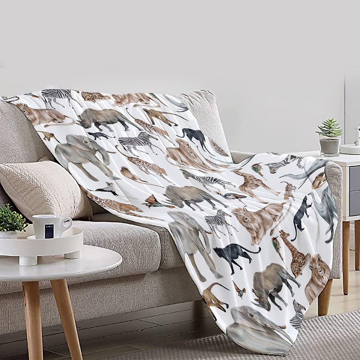 Animal Blanket Gifts for Boys Girls,Woodland Forest Animals Pattern Throws,Soft Plush Elephant Leopard Monkey Lion Hippo Print,Lightweight Quilts for Bed Sofa Decoration 60 x 50in for Teens