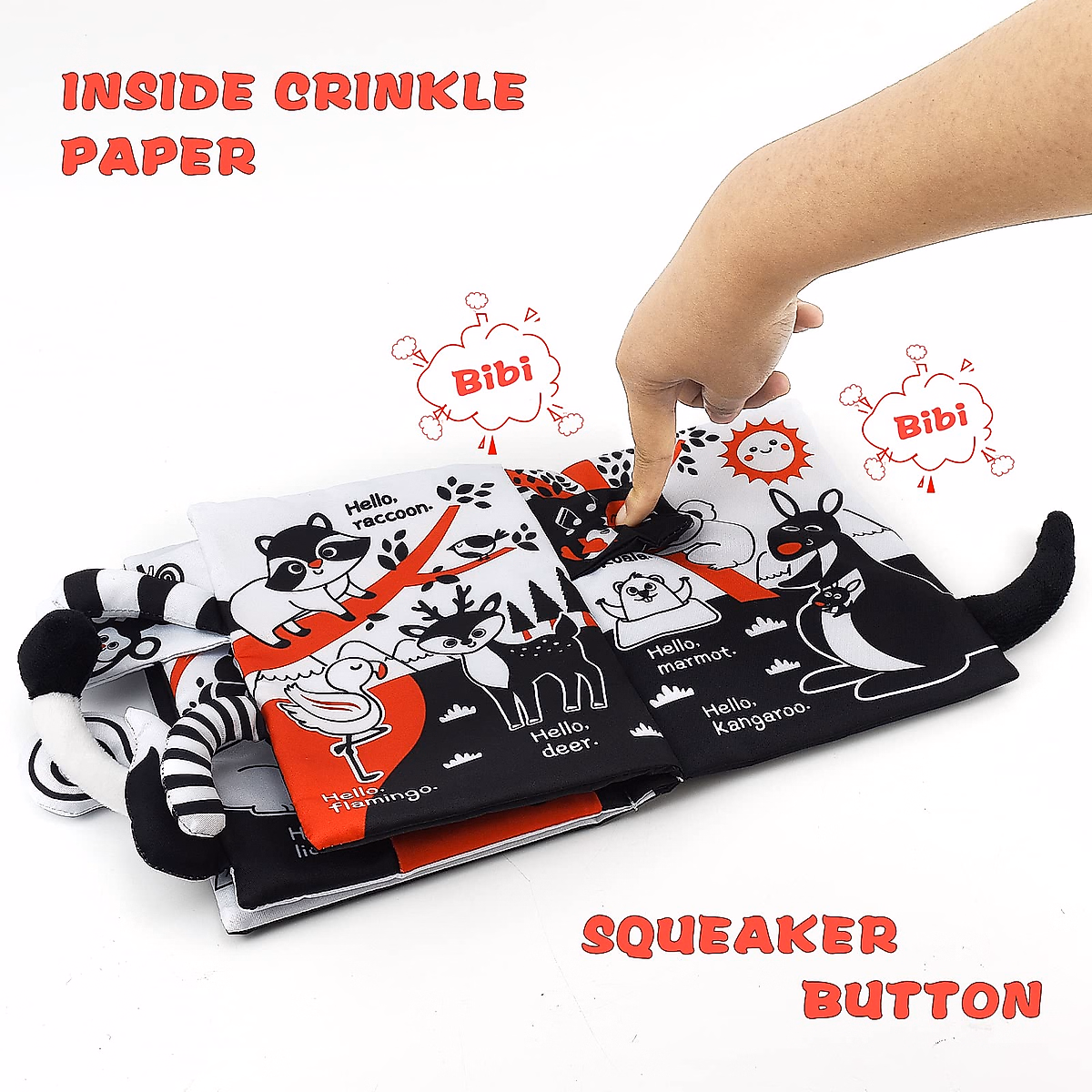 OKOOKO Soft Baby Book Black and White High Contrast Animals Tails Book Bath Book Montessori Sensory Stroller Toy Non-Toxic Crinkle Washable Early Education for Baby Infant Toddler