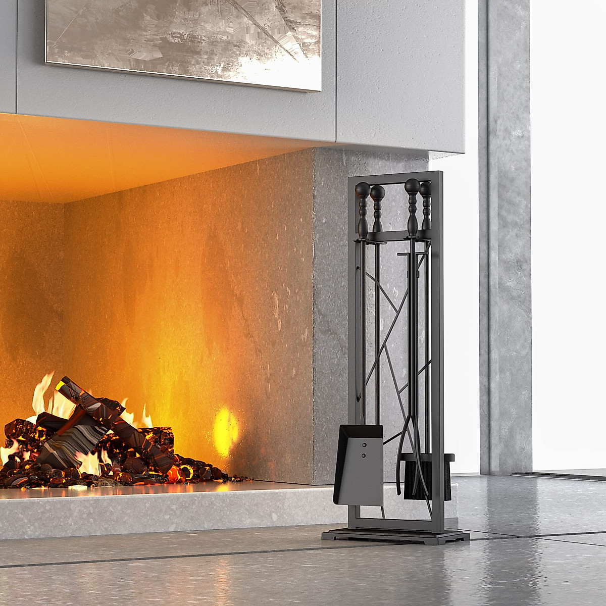 Fire Beauty Fireplace Tools, 5 Pieces Fireside Accessories Fire Kit Set, Stand Woodstove Tools Holder Wrought Iron Handle Indoor Fireset Stand (30.5 Inches)