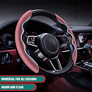 Car Steering Wheel Cover, Microfiber Suede Leather and Carbon Fiber Double Sided Design, Warm in Winter and Cool in Summer, Breathable Non Slip Segmented Protector for Most Cars (Turn Fur/Pink)