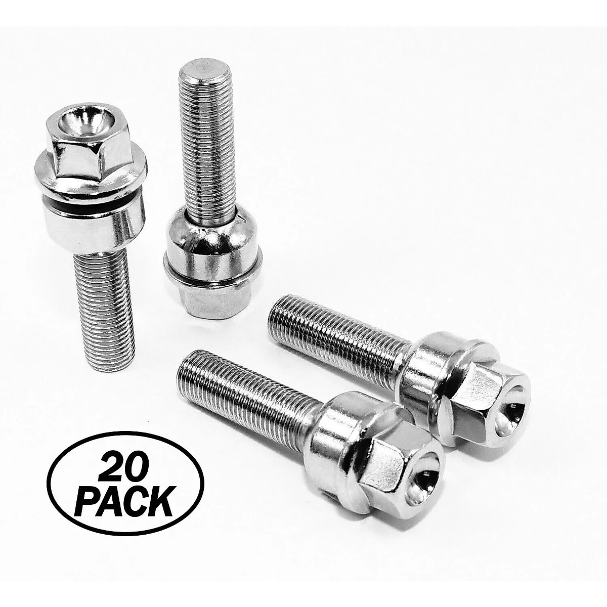 Set of 20 Veritek 14x1.5mm 45mm Extended Thread R14 Radius Chrome Ball Seat Washer Lug Bolts for Porsche Factory Wheels