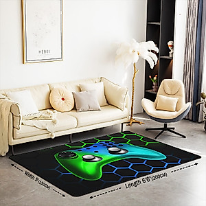 Gamer Area Rug 3'x5' Gaming Honeycomb Blue Green Rugs Mat for Living Room Bedroom Game Room Decor Grey Decor Gamepad Carpet Non Slip Modern Game Console Controller Area Runner Rug