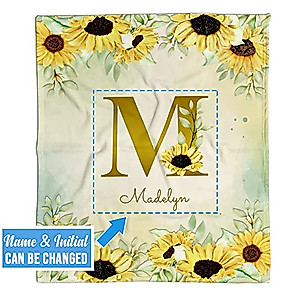 TOYSHEA Personalized Sunflower Blanket Name and Initial Letter Custom Throws Cozy Soft Blankets Fleece Sherpa for Women Girls Mom Daughter Grandma Kids Gift for Mother's Day Birthday Christmas