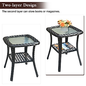 ovios Patio Coffee Table Outdoor Rattan Wicker Side Table with Glass Top, All Weather Outdoor Table End Table for Proch Balcony Backyard Deck, Square, Brown Wicker