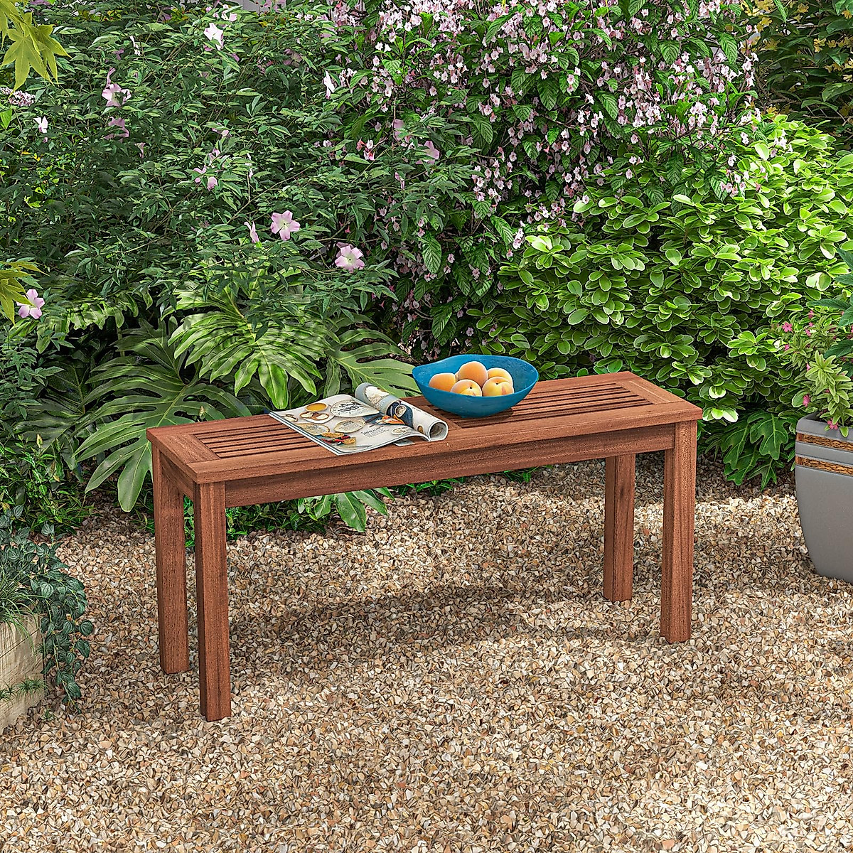 HAPPYGRILL Outdoor Backless Bench, Patio Dining Bench with Breathable Slatted Seat, 2-Seater Rustic Wood Bench for Entryway, Garden, Backyard, Deck, Natural