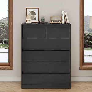 AOGLLATI Black Dresser for Bedroom, Modern Tall Dresser with 6 Drawers, Dressers & Chest of Drawers with Charging Station Handle Free,Wooden 6 Drawer Dresser for Bedroom Living Room,Black