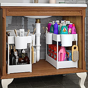 2 Pack Under Sink Organizers and Storage, 2-Tier Under Bathroom Kitchen Sink Organizer with 12 Hooks 4 Hanging Cups,Stable and Sturdy Under Cabinet Organizers for Bathroom Kitchen (White)