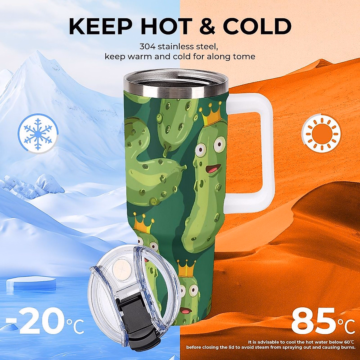 Dill Pickles Insulated Tumbler with Handle Stainless Steel Travel Coffee Mug with Lid And Straw 40oz