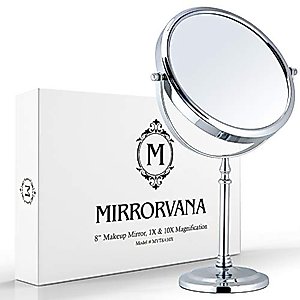 MIRRORVANA Large Double Sided 10X and 1X Magnifying Makeup Mirror with Stand in Gift Box, 15-Inch Height and 8-Inch Wide