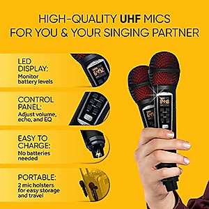 MASINGO Karaoke Machine for Adults & Kids with 2 Wireless Microphones - Portable Singing PA Speaker System w/Two Bluetooth Mics, Party Lights, Lyrics Display Holder & TV Cable - Soprano X1 Black