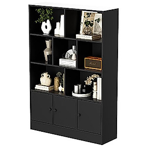 Anystyle Black 10 Cube Bookshelf, 4-Tier Bookcase Storage Cabinet with 3 Doors for Bedroom, Living Room