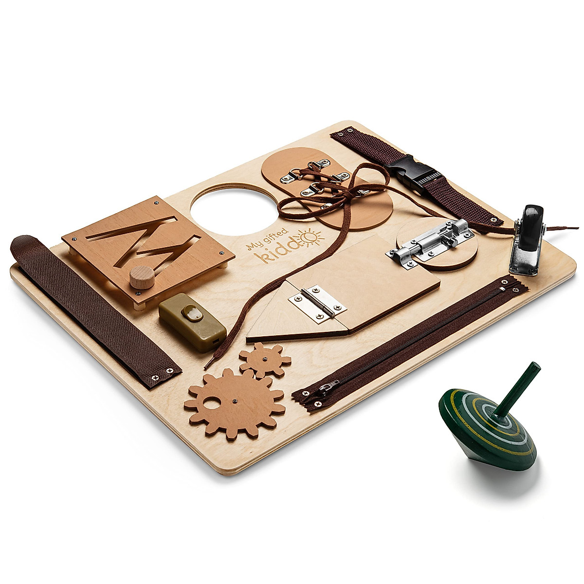 Montessori Busy Board for Toddlers- Wooden Busy Board with Spinning Top - Toddler Activity Board For Fine Motor Skills - Sensory Busy Board For Kids - Travel Educational Preschool Toy