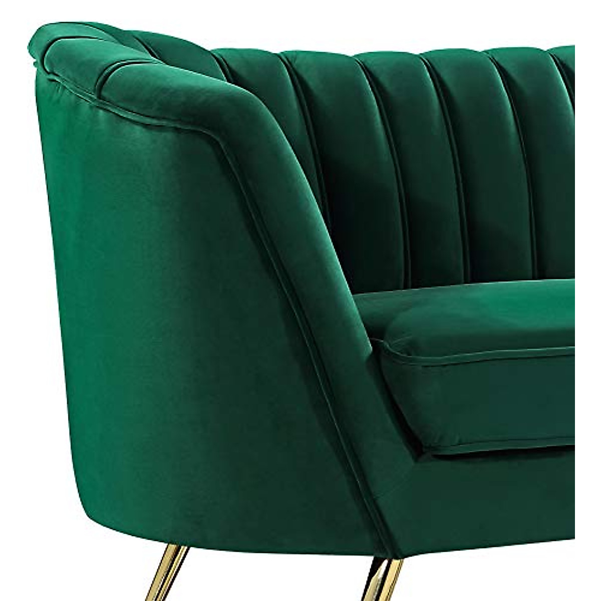 Meridian Furniture Margo Collection Modern | Contemporary Velvet Upholstered Loveseat with Deep Channel Tufting and Rich Gold Stainless Steel Legs, Green, 65" W x 30" D x 33" H