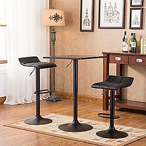 Roundhill Furniture Belham Black Square Top Adjustable Height with Black Leg and Base Metal Bar Table and 2 Swivel Black Bonded Leather Adjustable Bar Stool Bar Sets