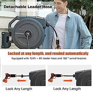 Giraffe Tools Retractable Garden Hose Reel 1/2 Inch x 130 ft, Super Heavy Duty, Any Length Lock, Slow Return System, Wall Mounted and 180 Deg Swivel Bracket