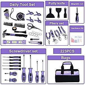 Purple Tool Set,ACOSEA 223-Piece Tool Sets for Women,Tool Kit with 13-Inch Wide Mouth Open Purple Tool Bag,The Basic Tool Set is Perfect for Home Maintenance (PURPLE)