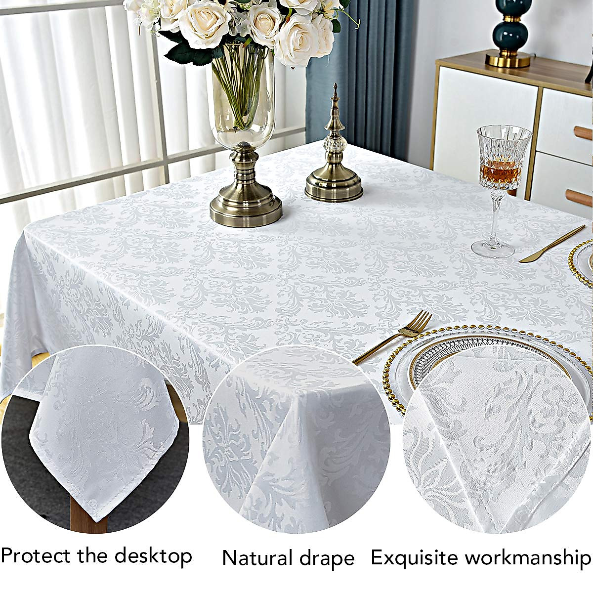 Rectangle Table Cloth - 52 x 70 Inch White Jacquard Tablecloths Damask Design Spillproof Wrinkle Resistant Shrinkproof Soft Tablecloth Polyester Oblong Table Cover for Kitchen Dinning Party Tabletop