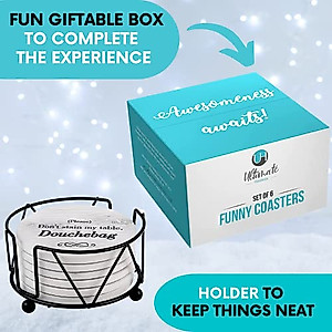 Funny Coasters for Drinks with Holder - Absorbent Drink Coasters Set 6 Pcs - 3 Sayings - Housewarming Gift for Friends - Men, Women Birthday - Cool Home Decor - Living Room, Kitchen, Bar Decorations