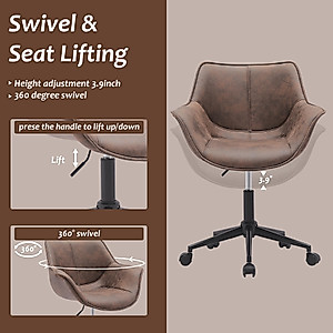 HOOLETE Vintage Faux Leather Desk Chair, Mid Century Modren Office Chair with Wheels, Ergonomic Computer Task Chair, Swivel Upholstered Vanity Chair with Arms for Makeup, Brown