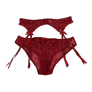 ohmydear Plus Size Lace Garter Belts Mesh Suspender Belt Set with 4 Straps Metal Clip for Thigh High Stockings Red XS-S