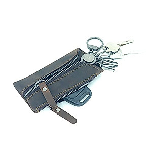JJNUSA Genuine Leather Key Chain Zipper Coin Case, Leather Car Smart Key Chain Metal Hook and Keyring Zipper Coin Wallet (Darkbrown)