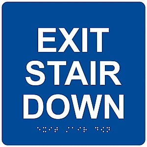 ComplianceSigns.com Exit Stair Down Sign, ADA-Compliant Braille and Raised Letters, 6x6 in. White on Blue Acrylic with Adhesive Mounting Strips